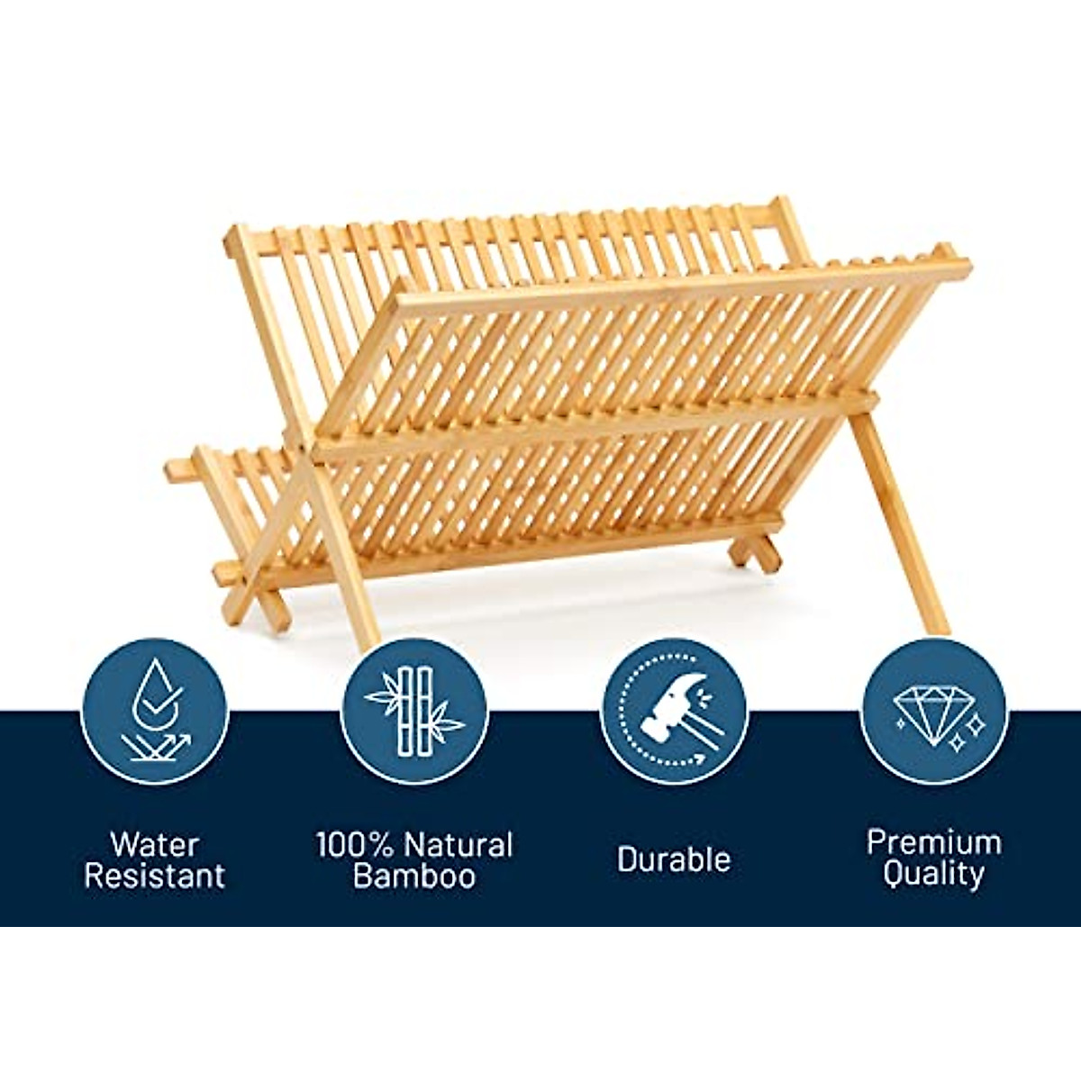 RoyalHouse Premium Natural Bamboo Dish Rack, Collapsible Dish Drainer, Foldable and Compact Dish Drying Rack for Kitchen Counter