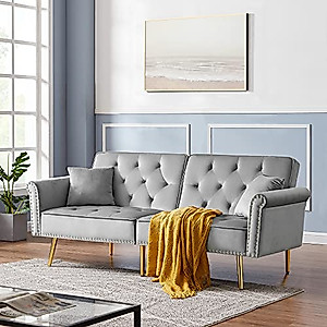 Kakotito Tufted Velvet Sofa Bed Sleeper with 2 Pillows, Luxury Loveseat Couch, Splitback Futon for Living Room & Office, Convertible Futon with Vintage Nailhead Trim and Metal Legs (Gray)
