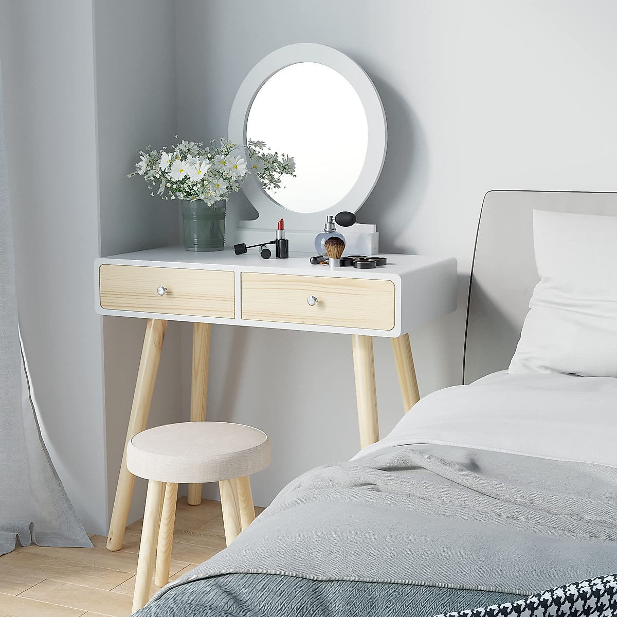 JAXPETY Classic 2-Drawers Girls Vanity Table Set with Mirror and Cushioned Stool, French Countryside Style Dsign Makeup Dressing Table Bedroom Organizer for Girls Women, White