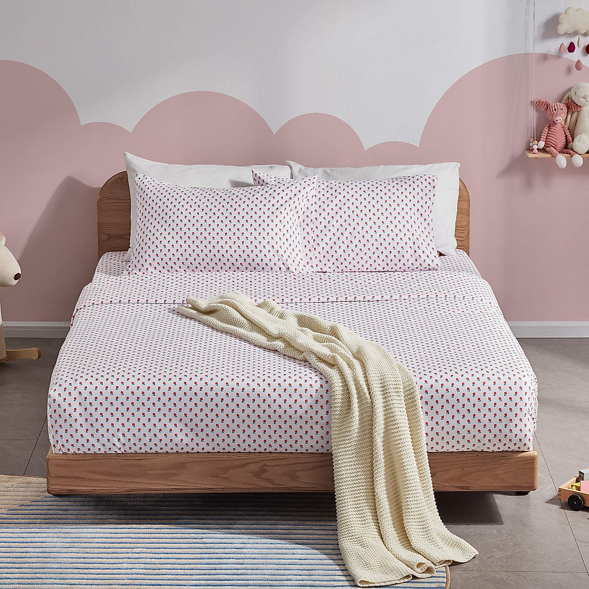 SLEEP ZONE Kids Printed Twin Bed Sheets Set 3-Piece - Super Soft & Cute Kids Sheet Set with Flat Sheet, Fitted Sheet, Pillowcase (Twin, Little Bouquet Red)