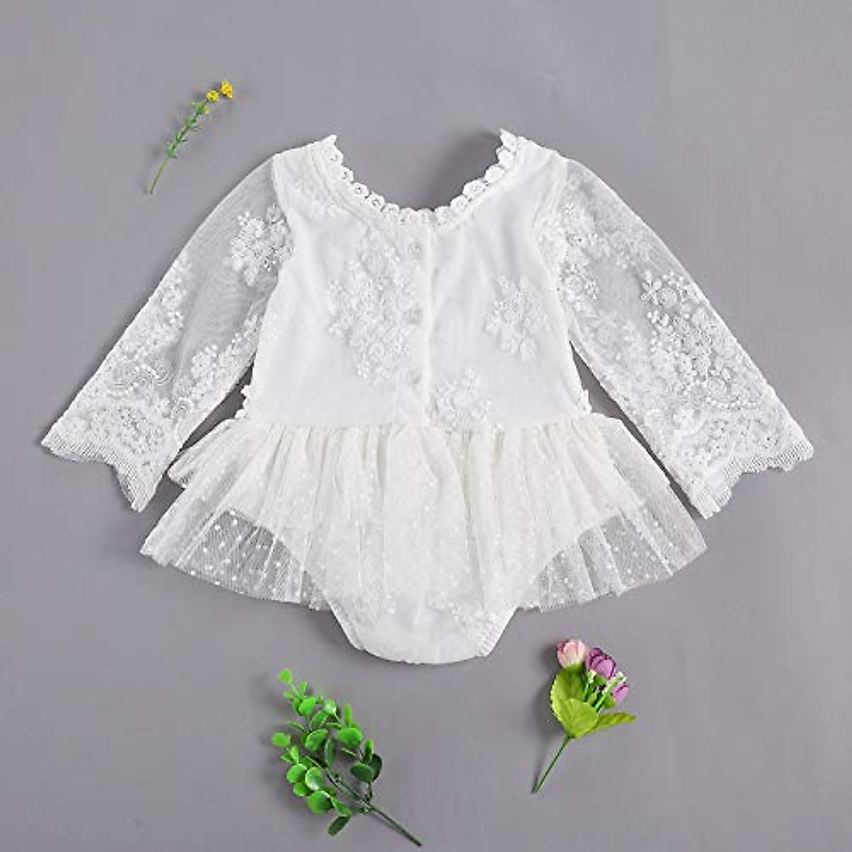 Kayotuas Newborn Infant Baby Girls Butterfly Sleeve Romper Clothes Ruffle Lace Bodysuit Tutu Dress Jumpsuit Princess Outfit (White Long-Sleeve #2, 0-6 Months)