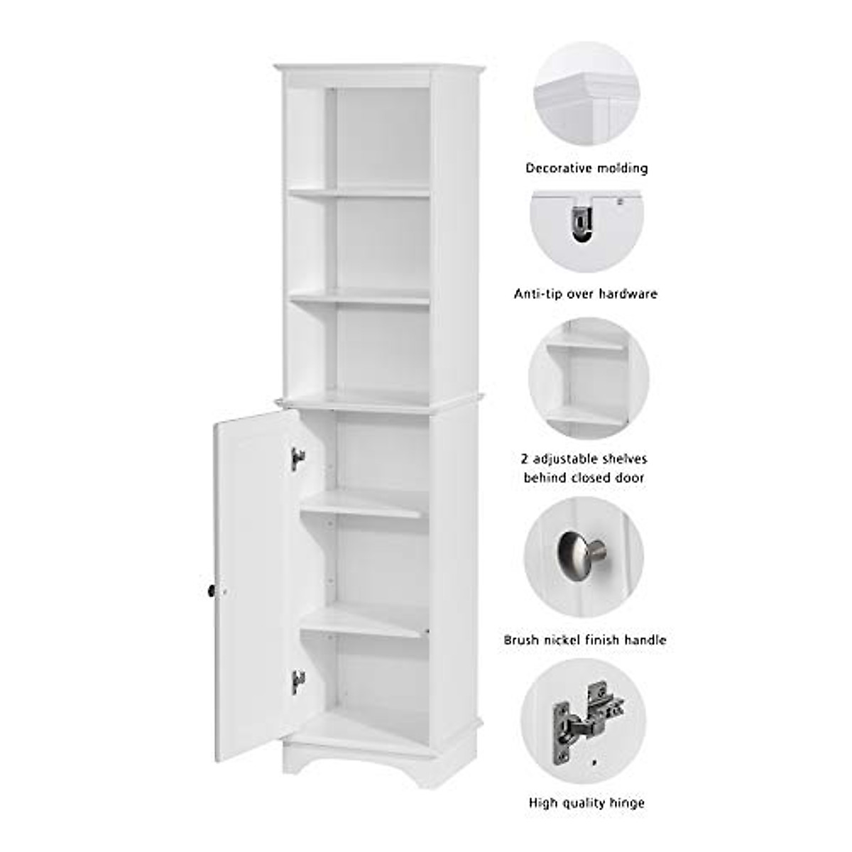 Spirich Home Freestanding Storage Cabinet with Three Tier Shelves, Tall Slim Cabinet, Free Standing Linen Tower, White
