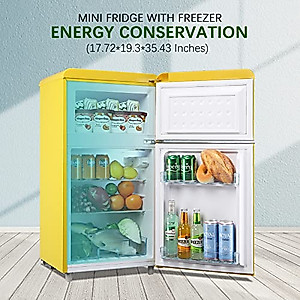 WANAI Compact Mini Refrigerator 3.2 Cu.Ft Small Refrigerator with Freezer, Retro Mini Fridge with Dual Door,7 Adjustable Thermostat, Adjustable Shelves For Dorm, Office Bedroom, Yellow