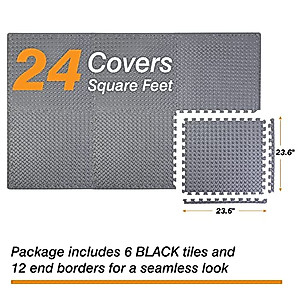 TCE AUPM002GY Interlocking Foam Mat Protective Exercise Workout Puzzle Floor Mat Tiles for Home Gym Equipment - 6 Pieces, 24 Square feet, Gray