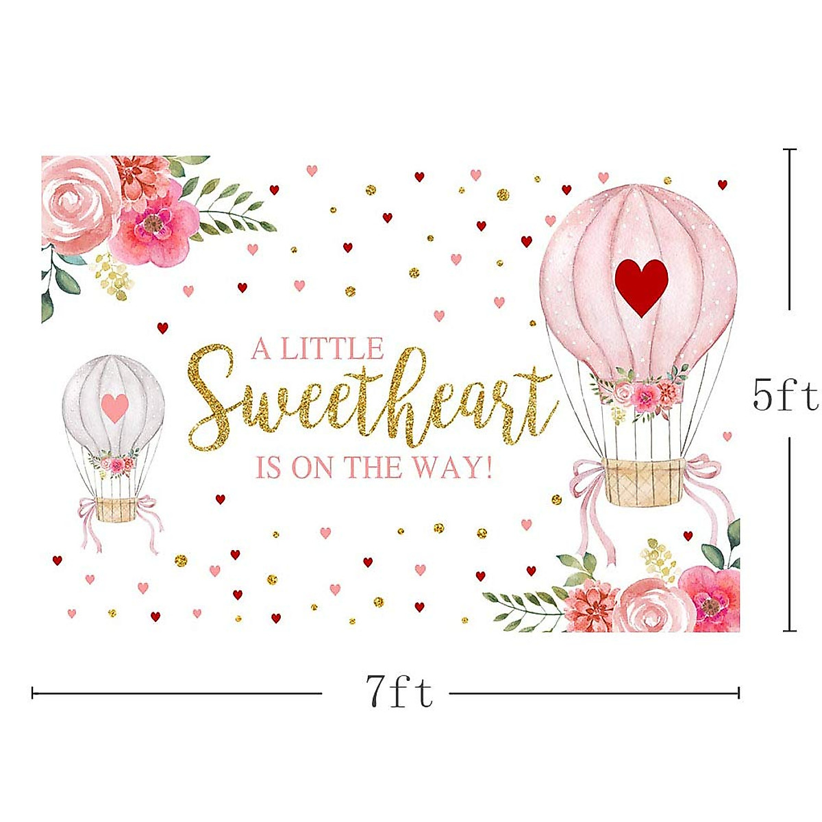 MEHOFOND Sweetheart Baby Shower Party Decorations Backdrop Up Up and Away Hot Air Balloon Pink Red Floral Gold Hearts Valentine Girl Baby Shower Photography Background Photo Banner 7x5ft