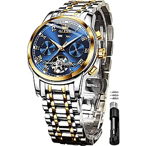 OLEVS Watches for Men Automatic Mechanical Self Winding Blue Dress Tourbillon Stainless Steel Dual Calendar Waterproof Luminous Wrist Watch