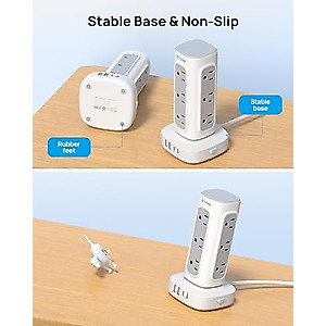 TROND Tower Power Strip Surge Protector - Power Strip with 4 USB Ports(2 USB C), 12 Widely Spaced Outlets, Ultra Thin Flat Plug 10ft Extension Cord, 1700J, for Home Office Supplies, Dorm Essentials
