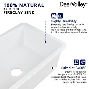 Undermount Kitchen Sink, DeerValley DV-1K513 Glen 30" L x 20" W White Single Bowl Kitchen Sink Fireclay Undermount Sink with Sink Grid and Basket Strainer