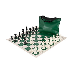 Standard Chess Set Combination - Triple Weighted Regulation Pieces, Vinyl Chess Board and Standard Bag (Forest Green)