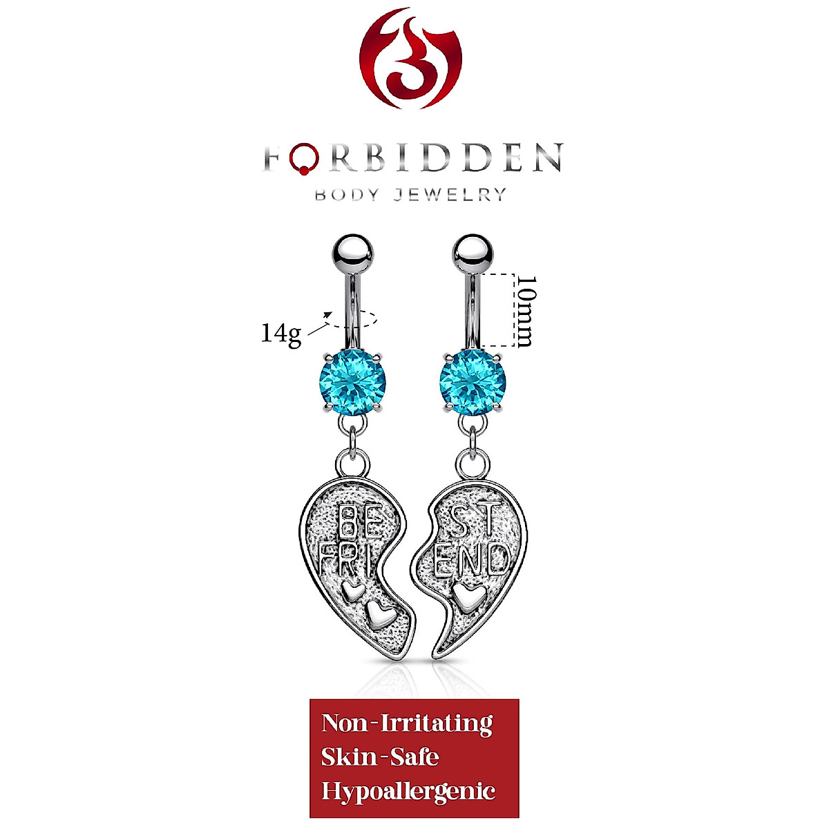 Forbidden Body Jewelry Surgical Steel Set of Best Friend Matching Aqua Jeweled Heart Belly Button Rings