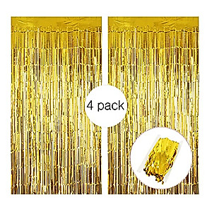 PCA 4 Pack Gold Fringe Tinsel Curtain Party Backdrop, Royal Theme Party Decor Streamers, Door Decorations, Glitter Streamer Backdrop for Halloween, Birthday