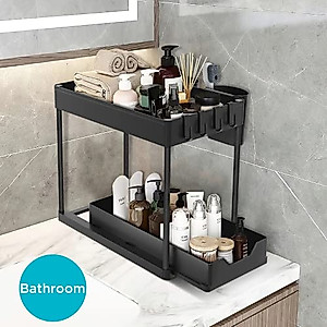 2 Pcs 2-Tier Under Sink Organizers and Storage with Bottom Pull Out Drawers, Towels Hooks and Hanging Cups, Bathroom/Kitchen Multipurpose Miscellaneous Supplies Organization And Storage Rack