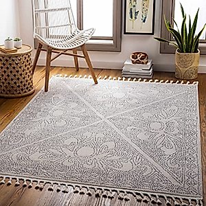 Birdwood Moroccan Farmhouse Living Room Bedroom Area Rug - Bohemian Carpet with Tassel - Boho Vintage Dot Pattern - Modern Minimalist Look - Beige, Cream, Gray 6'7"x9'