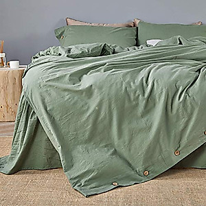 JELLYMONI Green 100% Washed Cotton Duvet Cover Set, 3 Pieces Luxury Soft Bedding Set with Buttons Closure. Solid Color Pattern Duvet Cover Full Size(No Comforter)