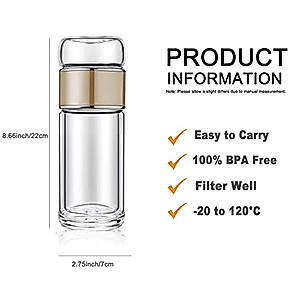 Aurfedes Double glazed water bottle - with tea infuser - tea cup lid for green or iced tea cold brew coffee cup or hot or cold water travel bottle (1PCSSS)