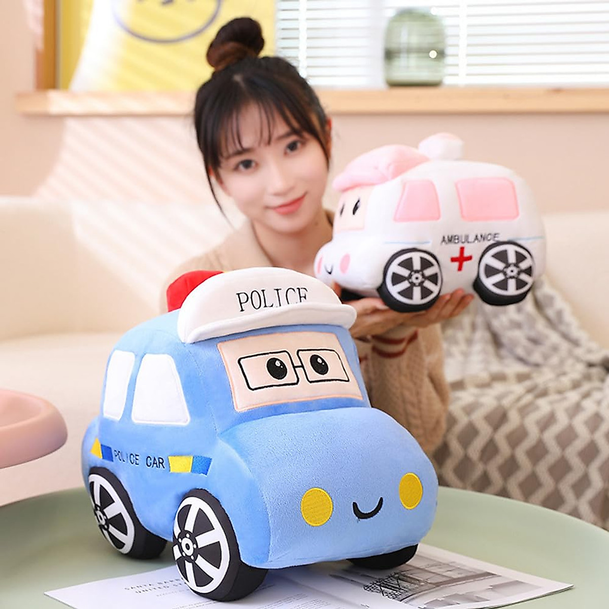 XIYUAN Bus Plush Toy car Plush Simulation School Bus Cute Cartoon Pillow Stuffed Van car Cushion Plush car Gift Cushion Children's Birthday Party Gift (11X7X6Inch) (Police car)