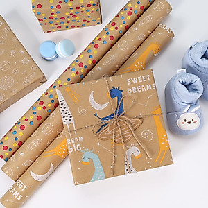 BIOBROWN Wrapping Paper Rolls with Tags and Jute String -Giraffe Designs for Birthday,Holiday, Baby Shower Packing -3 Rolls-17 inch X 10 feet Per Roll