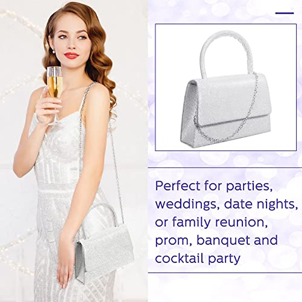 Silver Evening Bag Glitter Party Clutches Handle Women's Evening Handbags Small Bride Wedding Purses for Women Crossbody Cocktail Prom Handbags