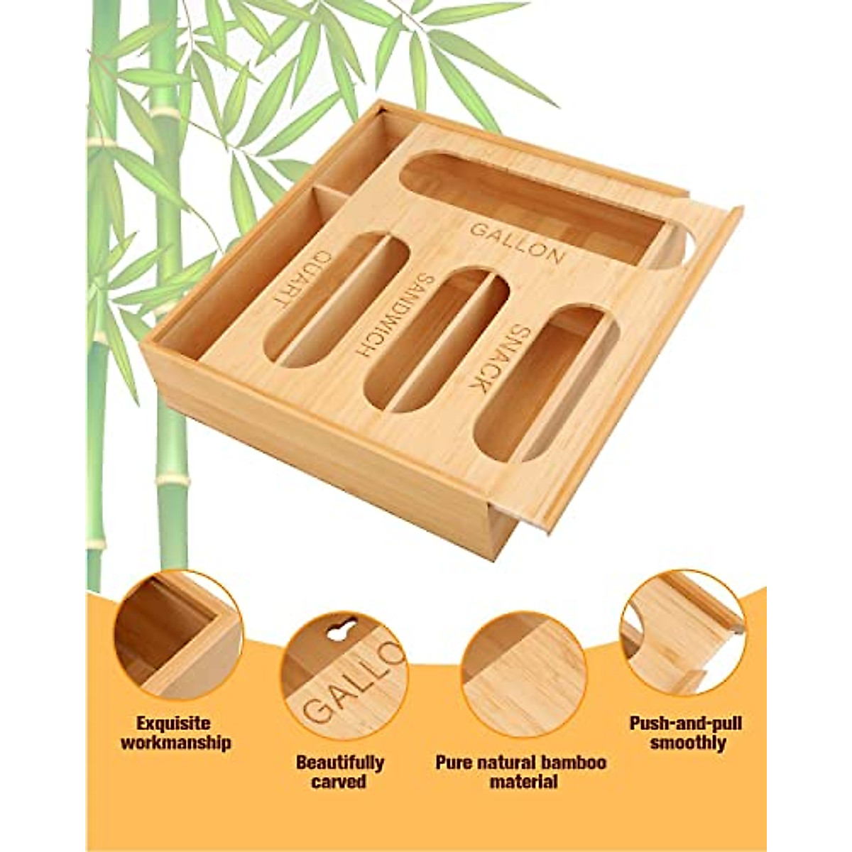 Ziplock Bag Organizer, Bag Storage Organizer for Kitchen Drawer, Plastic Bag Organizer for Gallon, Quart, Sandwich, Snack, Slider, Bamboo Baggie Organizer Compatible with Ziploc, Glad, Hefty, Solimo