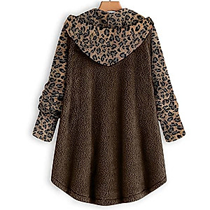 YRAETENM Womens Winter Coats Long Sleeve Button Down Overcoats Plush Warm Soft Hooded Outwear Leopard Print Fall Jackets