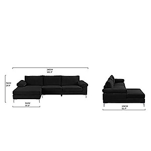Casa Andrea Milano LLC Modern Large Velvet Fabric Sectional Sofa, L-Shape Couch with Extra Wide Chaise Lounge, Onyx