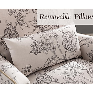 Shunzhi Mid Century Accent Chairs Modern Floral Armchair Upholstered Reading Chair Linen Farmhouse Single Sofa Chair with Pillow for Bedroom/Living Room/Fireplace, Beige, 1PC