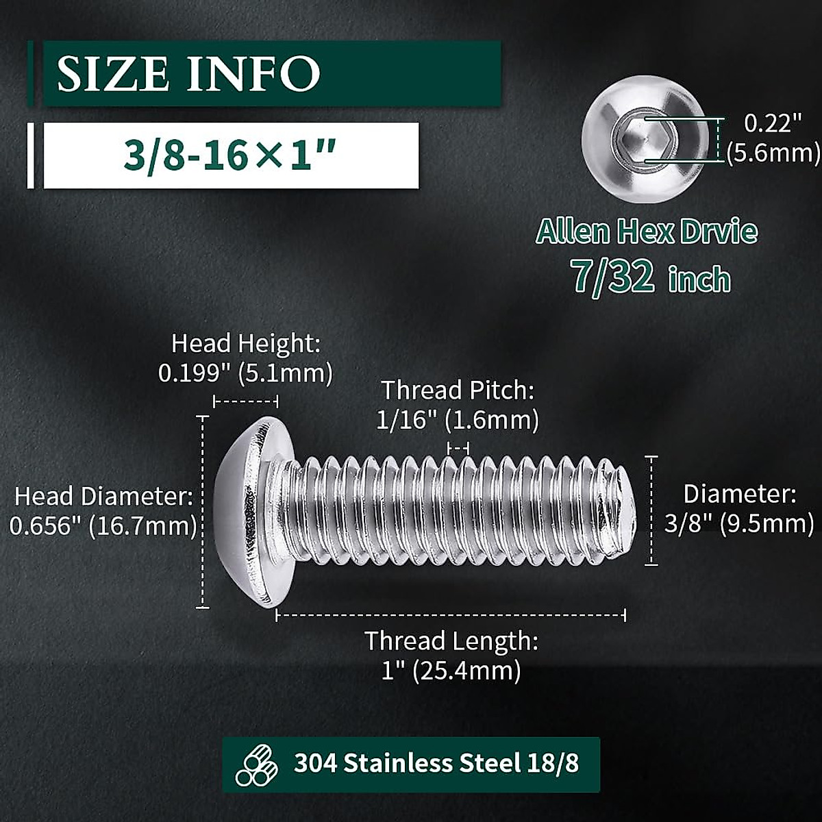 3/8-16 x 1 Button Head Socket Cap Bolts Screws, 304 Stainless Steel 18-8, Full Thread, Coarse Thread UNC, Allen Hex Drive, 25 PCS