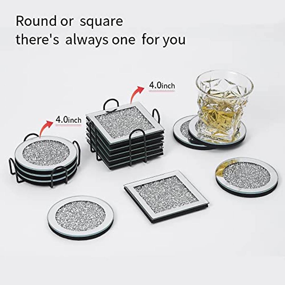 ToPToToo Mirrored Coaster for Drinks，Crushed Diamond Cup Coasters 4 Pack with Holder,Crystal Glass Round Coasters for Coffee Table Decor on Tabletop(4 X 4Inch)