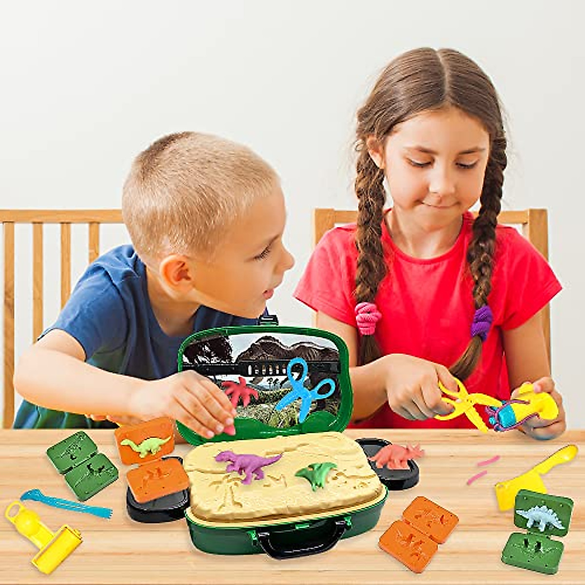 ArtCreativity Dinosaur Theme Modeling Clay Playset on Wheels, Play Dough Activity Kit with 10 Dinosaur Molding Accessories, 8 Dough Colors, & Travel Case, Safe & Non-Toxic for Kids, Great Gift Idea