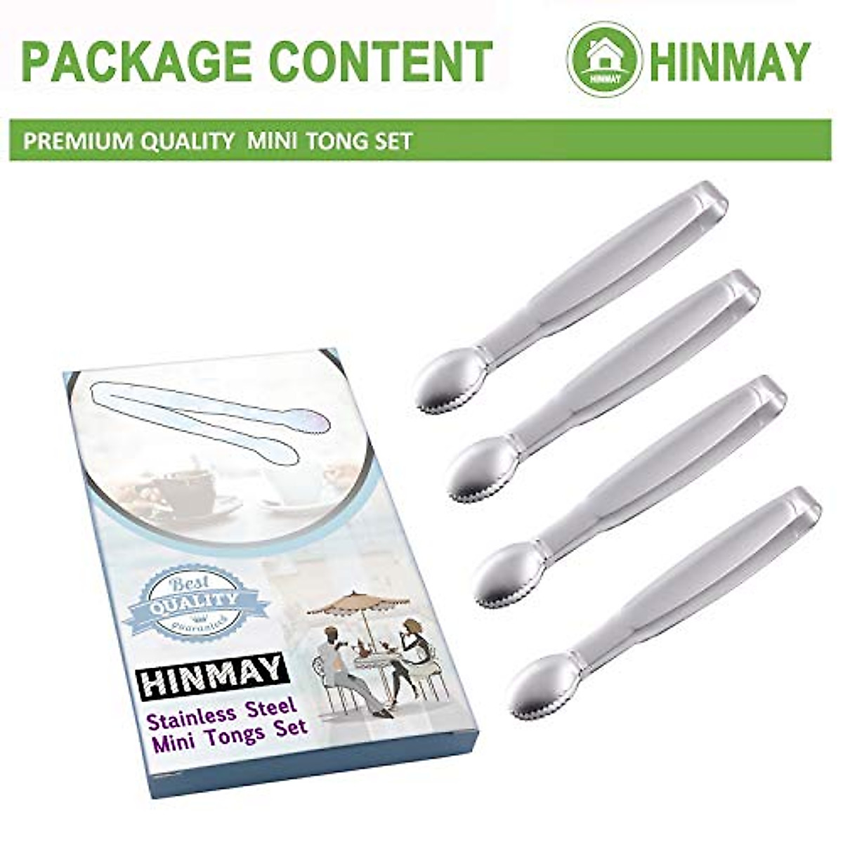 HINMAY Mini Serving Tongs 5-Inch Stainless Steel Small Appetizer Tongs, Set of 4