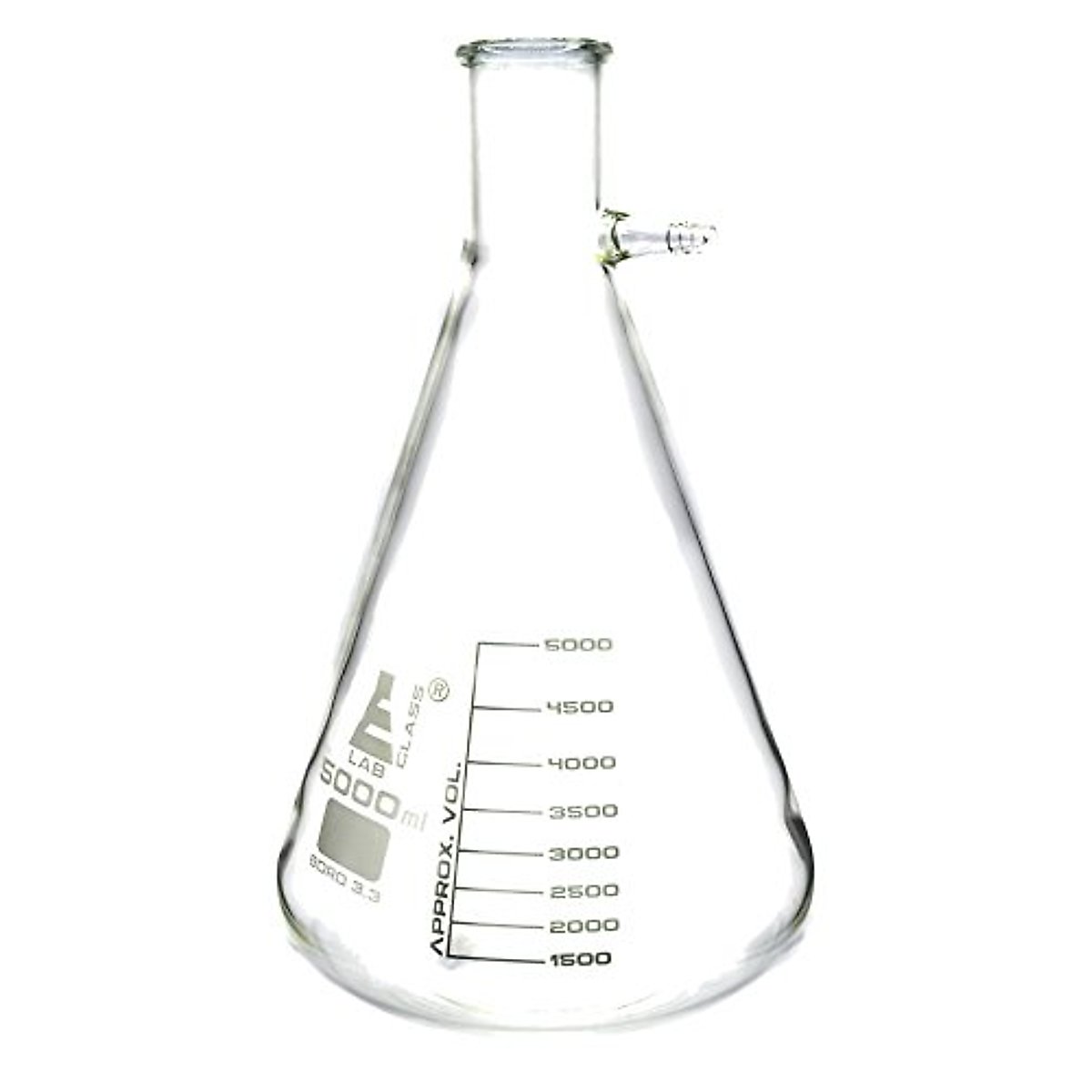 Filtering Flask, 5000ml - Borosilicate Glass - Heavy Walled - Conical Shape, with Integral Side Arm - White Graduations - Eisco Labs