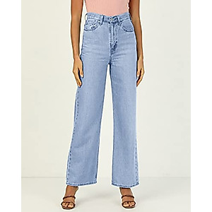 SySea Women's Straight Jeans Casual Loose High Waist Solid Wide Leg Ankle Denim Pant, Sky Blue, 4