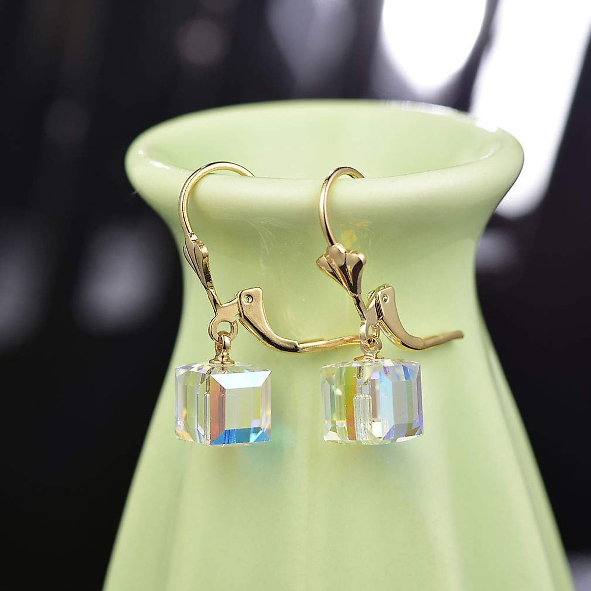 Austrian Crystal Cube Drop Earrings for Women Leverback Dangle Earrings 14K Gold Plated Hypoallergenic Jewelry (Aurora Borealis)