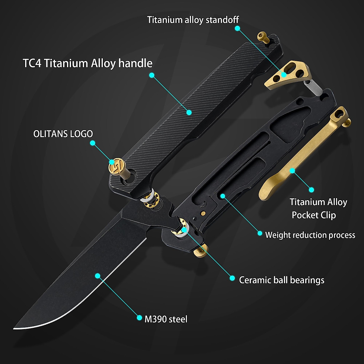 OLITANS T041 Pocket Knife, 2.6'' M390 Steel Blade Titanium handle, Small EDC Knife with Pocket Clip for Men Women, 1.8 oz(Black)