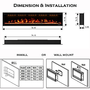 Masarflame Luxurious 74" Electric Fireplace, Wall Mounted&in Wall Recessed Fireplace Heater, Adjustable Flame Color & Top Light, Remote&Touch Control with Timer&Thermostat, Log & Crystal Set