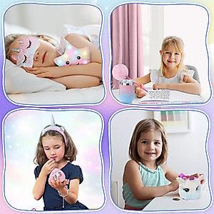 Sabdrau Unicorn Gifts for Girls 4 5 6 7 8 9 10+ Years Old, Kids Unicorns Toys with Light Up Plush Star Pillow/Diary/Headband/Eye Mask/Water Bottle, Soft Plush Toys Set for Birthday Gift Christmas