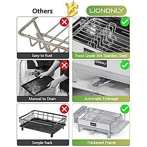 LIONONLY Dish Drying Rack, 304 Stainless Steel Dish Drainers for Kitchen Counter, Durable Dish Strainer with 360° Rotatable Spout, Glass Holder, Utensil Holder, Saving-Space Kitchen Organizer, Grey