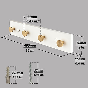 HASWARE 16'' Wall Mount Coat Hooks, Wooden Coat Rack with 4 Hooks Aluminum Wall Hooks, for Hat Towel Hanger Key Bag (White Plate & Golden Hook)