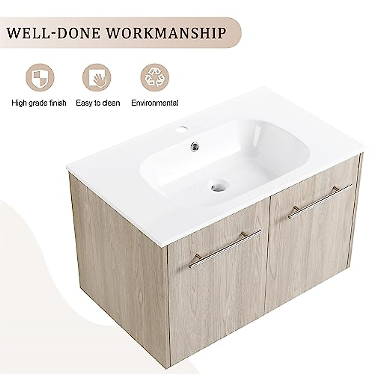 30 Inch Wall Mounted Bathroom Vanity Sink Combo, Modern Bathroom Vanity Set with Gel Sink Top, 2 Door Storage Cabinet with Handle, Hanging Bathroom Vanity w/Sink