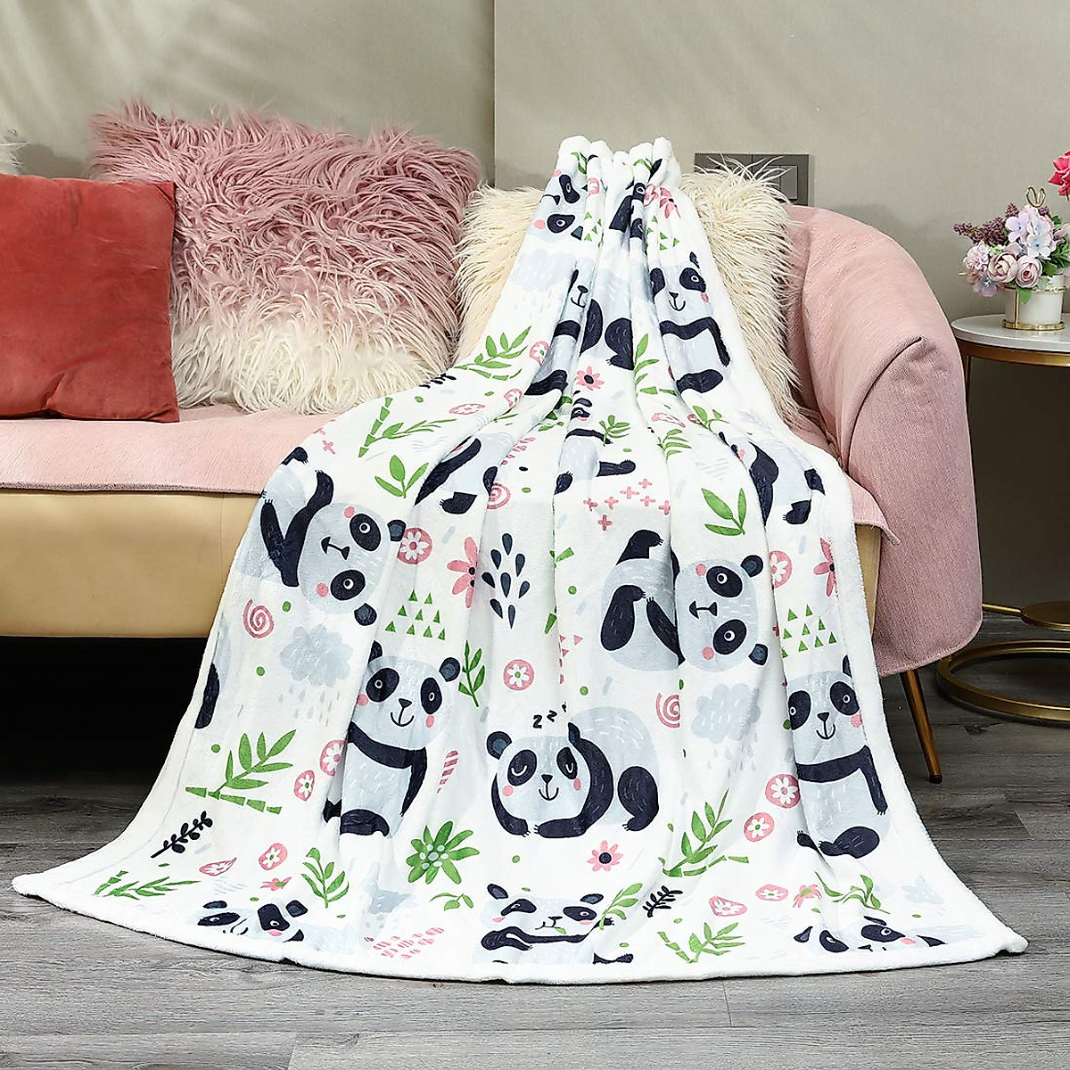 Panda Blanket Pandas Throw for Girls Cute Pandas Gifts Soft Flannel Panda Blankets for Panda Lovers Flowers Panda Stuffed Decor (Natural Panda, 50 x 60 Inch)