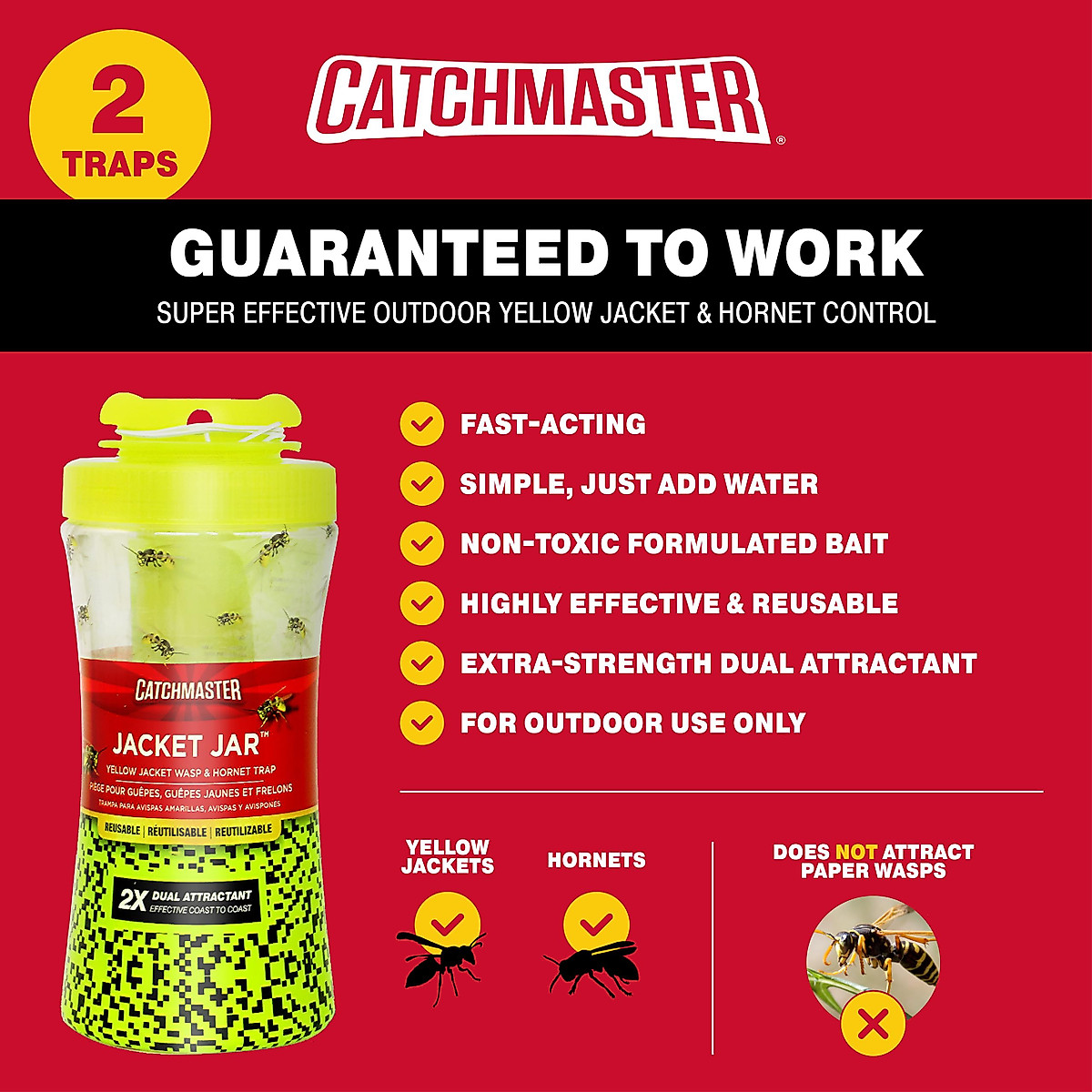 Catchmaster Yellow Jacket, Hornet, & Wasp Trap Jar 2-Pk, Reusable Bug Catcher with Attractant, Outdoor Flying Insect Trap, Wasp Killer Bug Trap, Pet Safe Pest Control for Backyard, Patio, & Shed