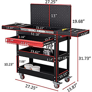 WIILAYOK Tool Cart, 3 Tier Rolling Tool Cart on Wheels with Storage Drawers & Sliding Top, Removable Pegboard, Industrial Service Utility Tool Cart for Mechanics, Garage, Workshop