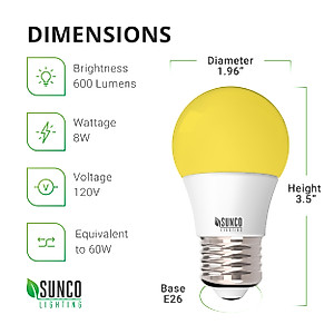 Sunco LED Bug Light Bulbs Outdoor A15 Yellow Bug Repellent Porch Light 8W Dimmable 2000K Amber Glow, E26 Medium Base, Instant On, Flicker Free, UL Listed 6 Pack