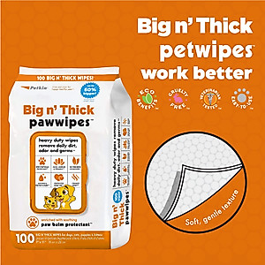 Petkin Big N' Thick Paw Wipes for Dogs, 100 Large Wipes - Clean Dirty Paws After Muddy Walks, with Paw Balm Protectant - Keep Floors and Furniture Clean - Ideal for Home or Travel - Orange Scent
