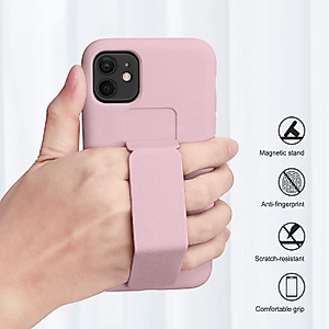 LAUDTEC iPhone 12 Mini Case with Kickstand, Vertical/Horizontal Stand Hand Strap Kickstand | Microfiber Linner | Liquid Silicone Full Body Protective Stand Case for iPhone 12 Mini 5.4'' Pink