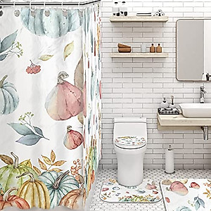 Thanksgiving Shower Curtain Set Fall Pumpkin Shower Curtain Sets 4 Pcs Autumn Waterproof Polyester Bath Curtains with Hooks Non Slip Rug Toilet Lid Cover and Bath Mat Bathroom Decor Set, 72" x 72"