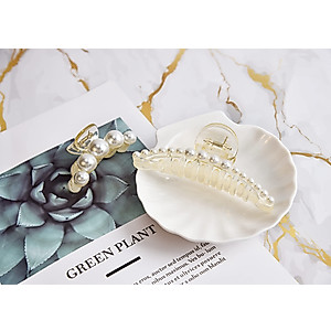 DEEKA 5 Pcs Large Pearl Hair Claw Clips White Black Thick Long Jaw Clips Barrettes Hair Accessories for Women and Girls