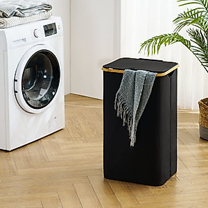 100L Large Laundry Basket with Lid by TECHMILLY, Tall Laundry Hamper with Bamboo Handles for Clothes and Toys Storage, Foldable Clothes Hamper for Bedroom, Dorm Room, Bathroom, Black