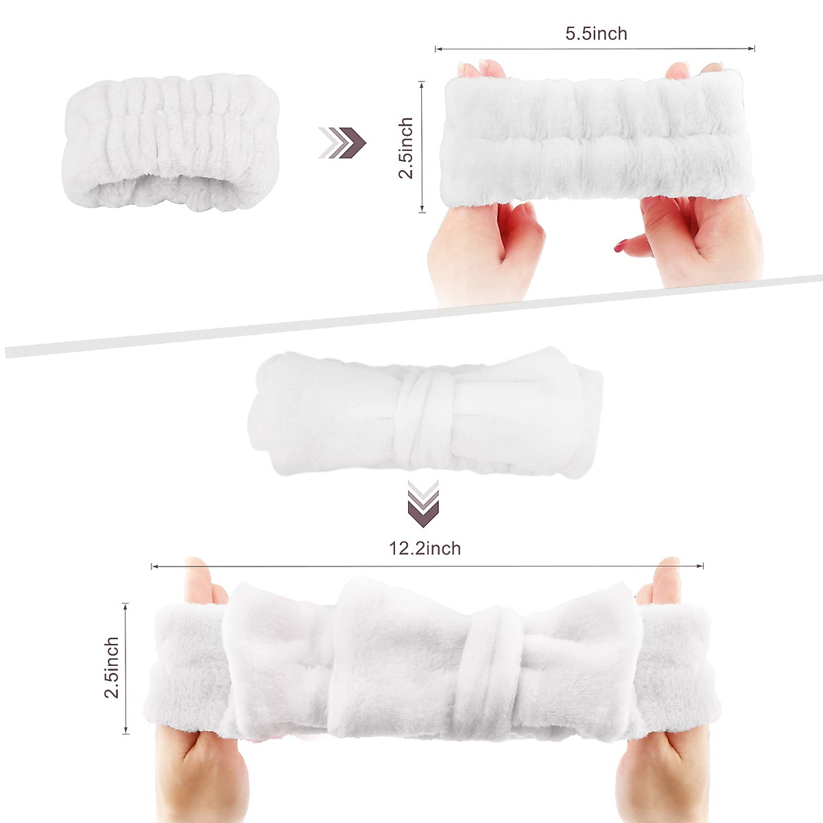 UNIMEIX 3 Pack Spa Headband and Wrist Washband Face Wash Set,Reusable Soft Makeup Headband Fleece Skincare Headbands for Washing Face Shower (White)