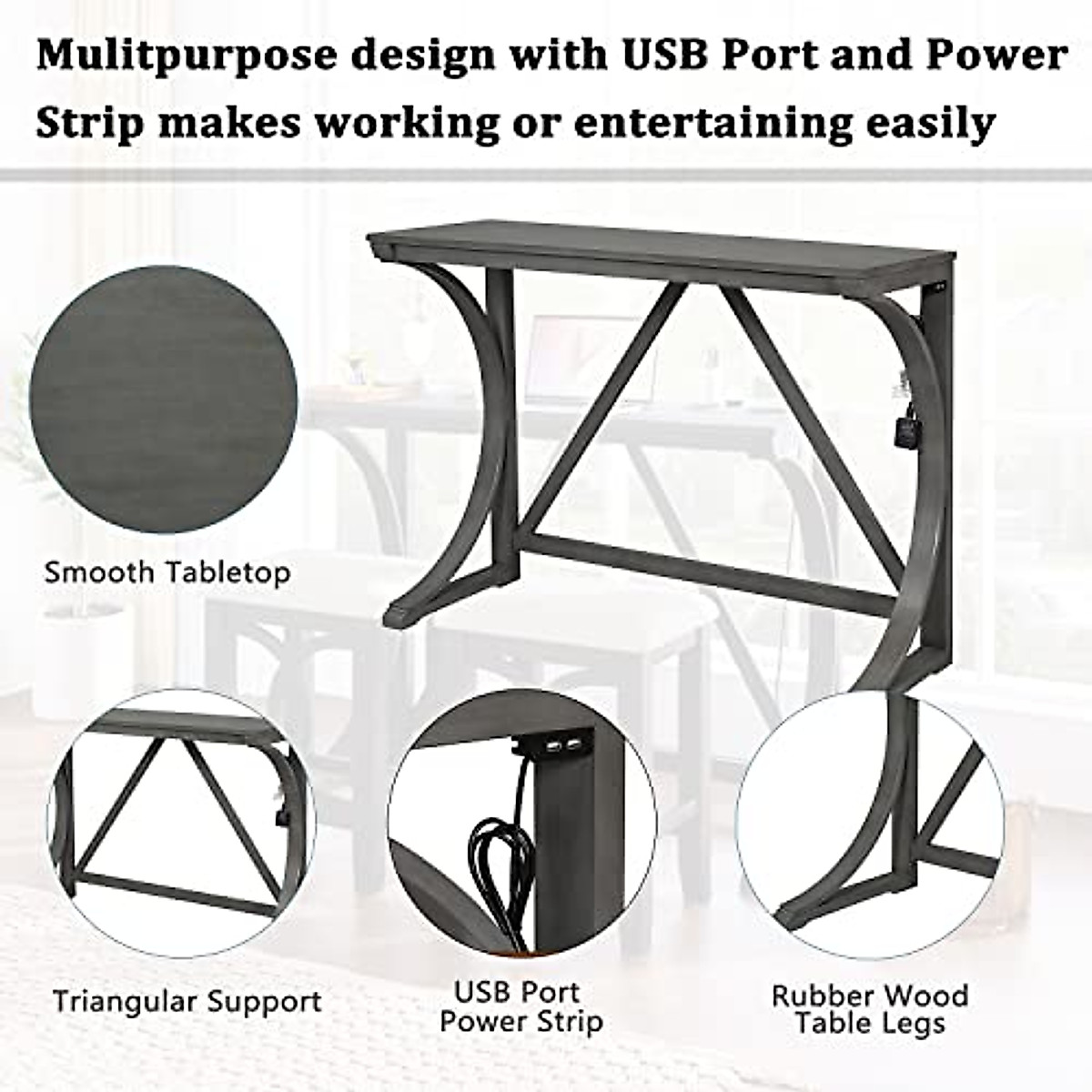Solid Wood 3-Piece Counter Height Extra Long Dining Table Set Home Bistro Set with USB Port, Farmhouse Rustic Bar Pub Dining Table with 2 Upholstered Stools, Space Saving (Gray)